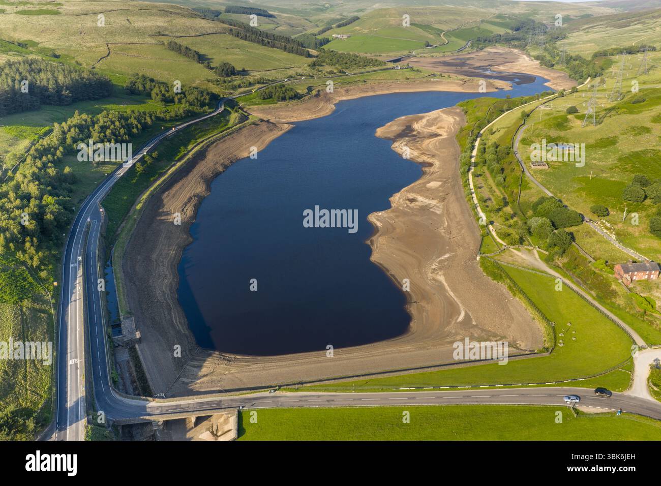 Aerial view of a dramatically low Woodhead Reservoir during drought ...