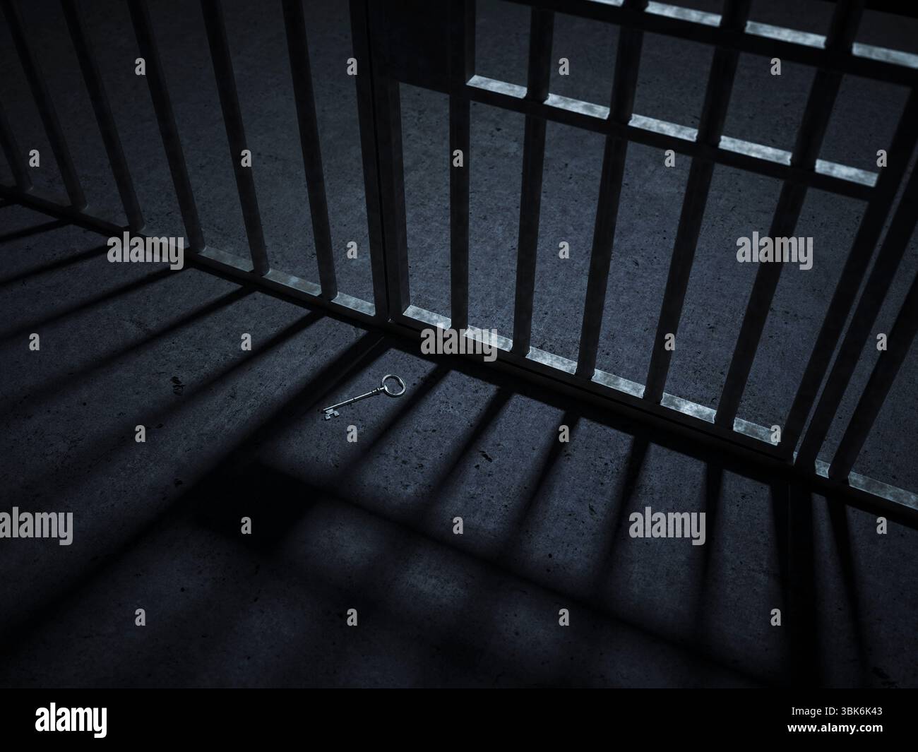 3D render of a jail cell with a key on the floor Stock Photo - Alamy