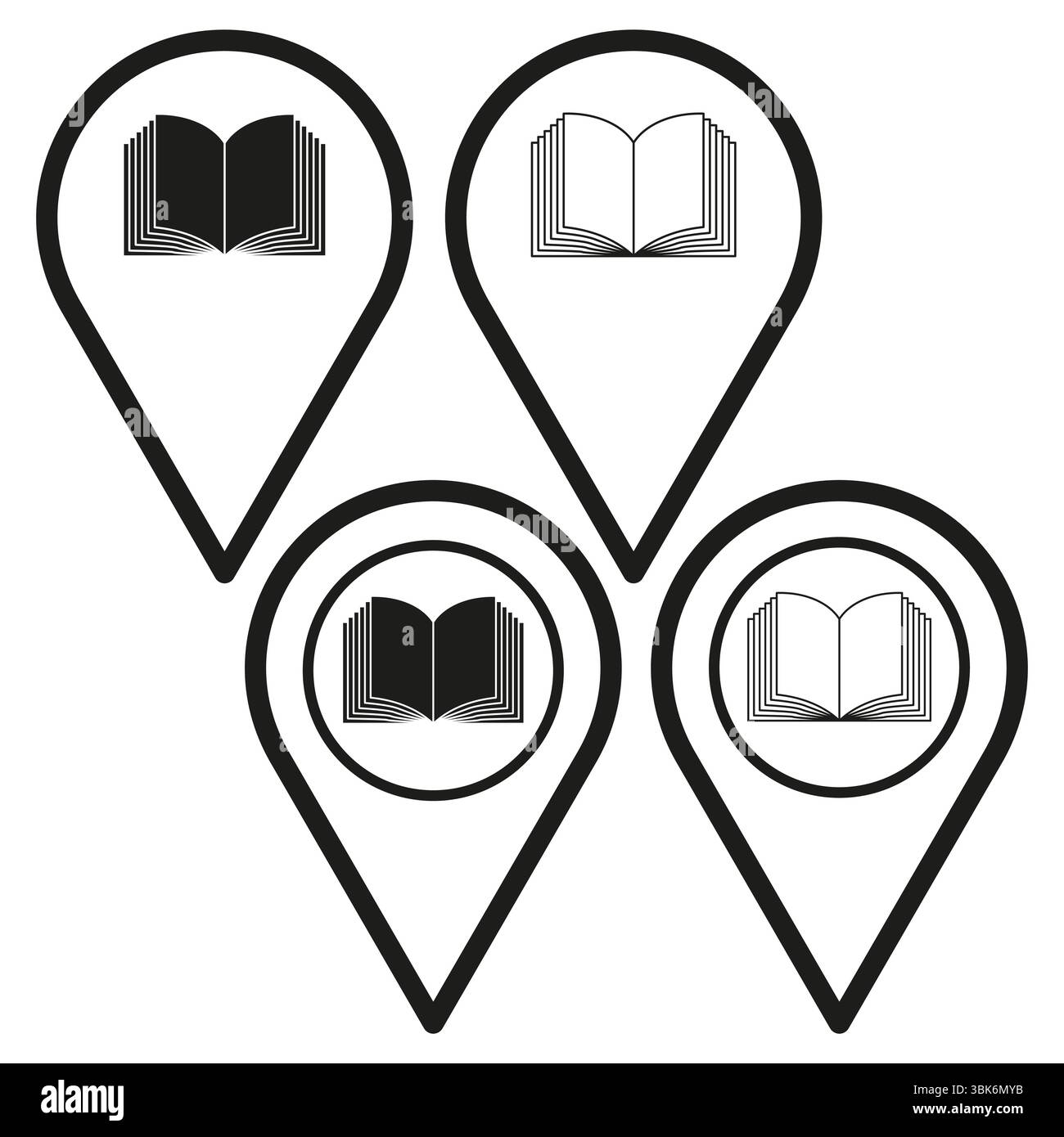 Book pin icons. Knowledge location symbol. Reading map pointer. Vector ...