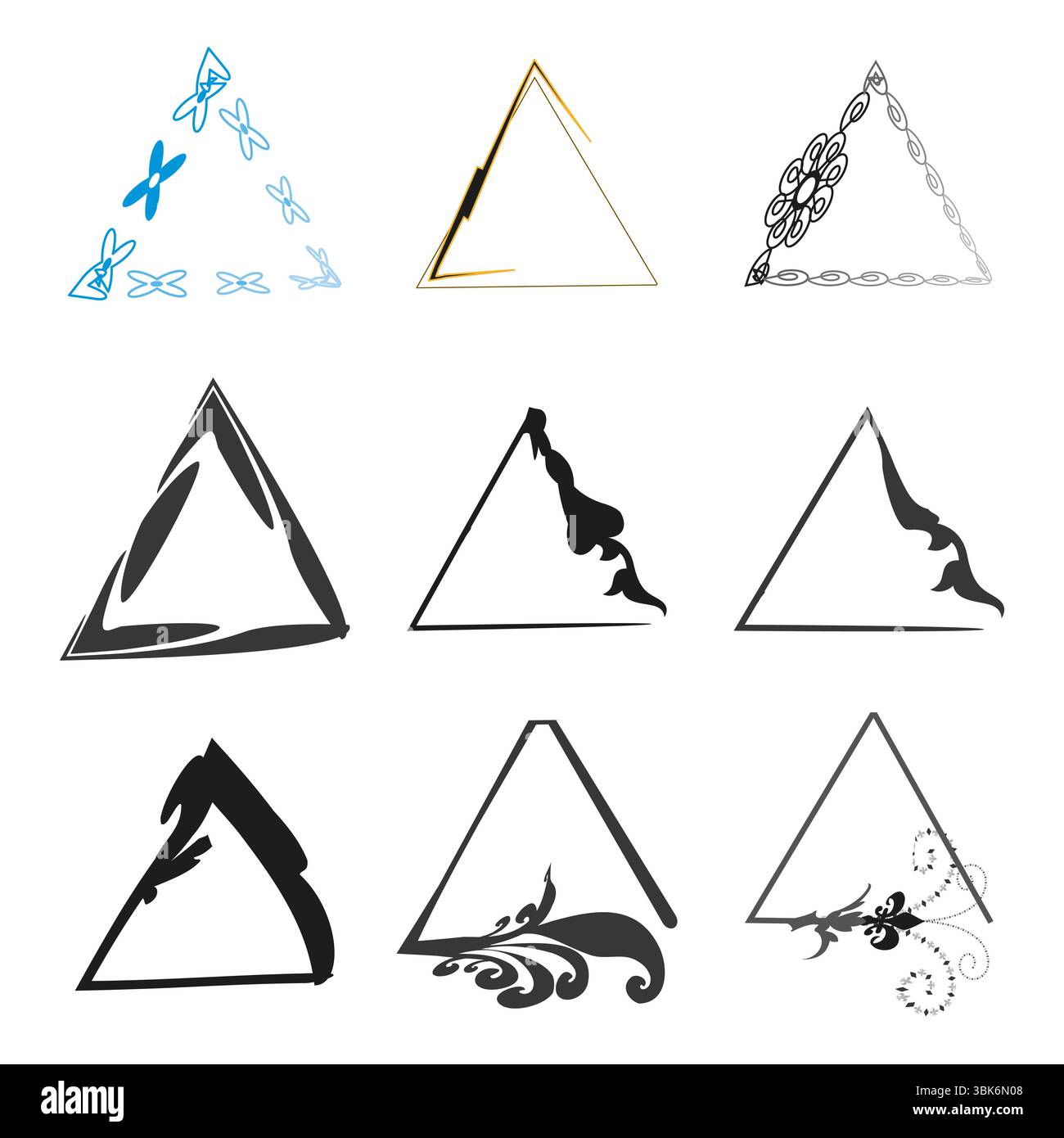 Decorative triangle icon. Swirl pattern vector. Artistic frame shape ...