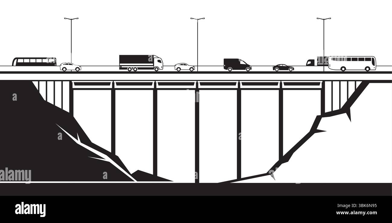 Road vehicles pass over a concrete bridge – vector illustration Stock ...