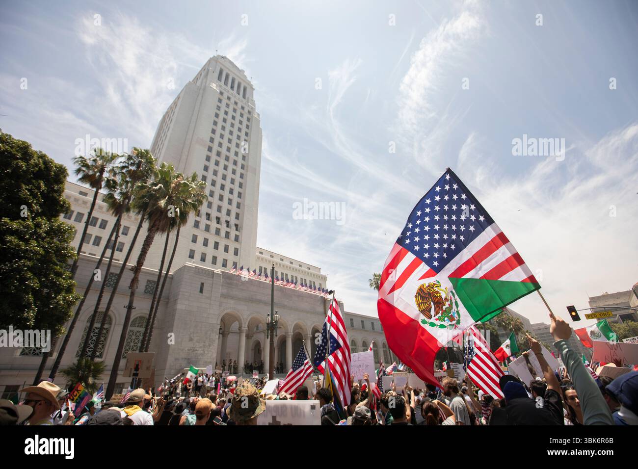 Los Angeles, California, USA - June 14, 2025: People wave Mexican Flags ...
