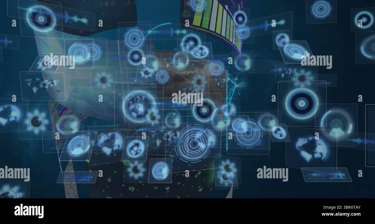 Floating holographic UI widgets forming display in dark space, with ...