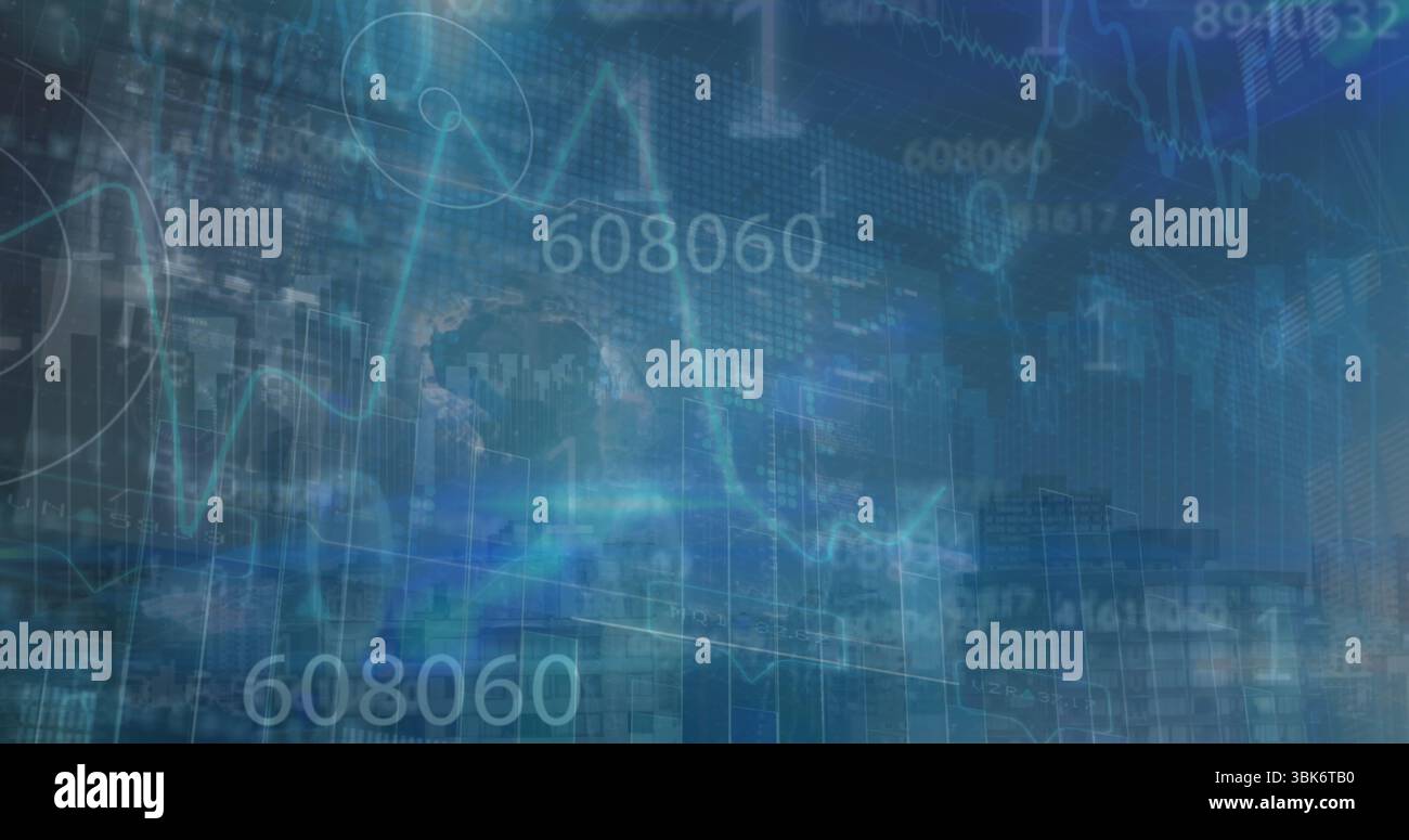 Displaying financial overlay covering city skyline at dusk, with ...