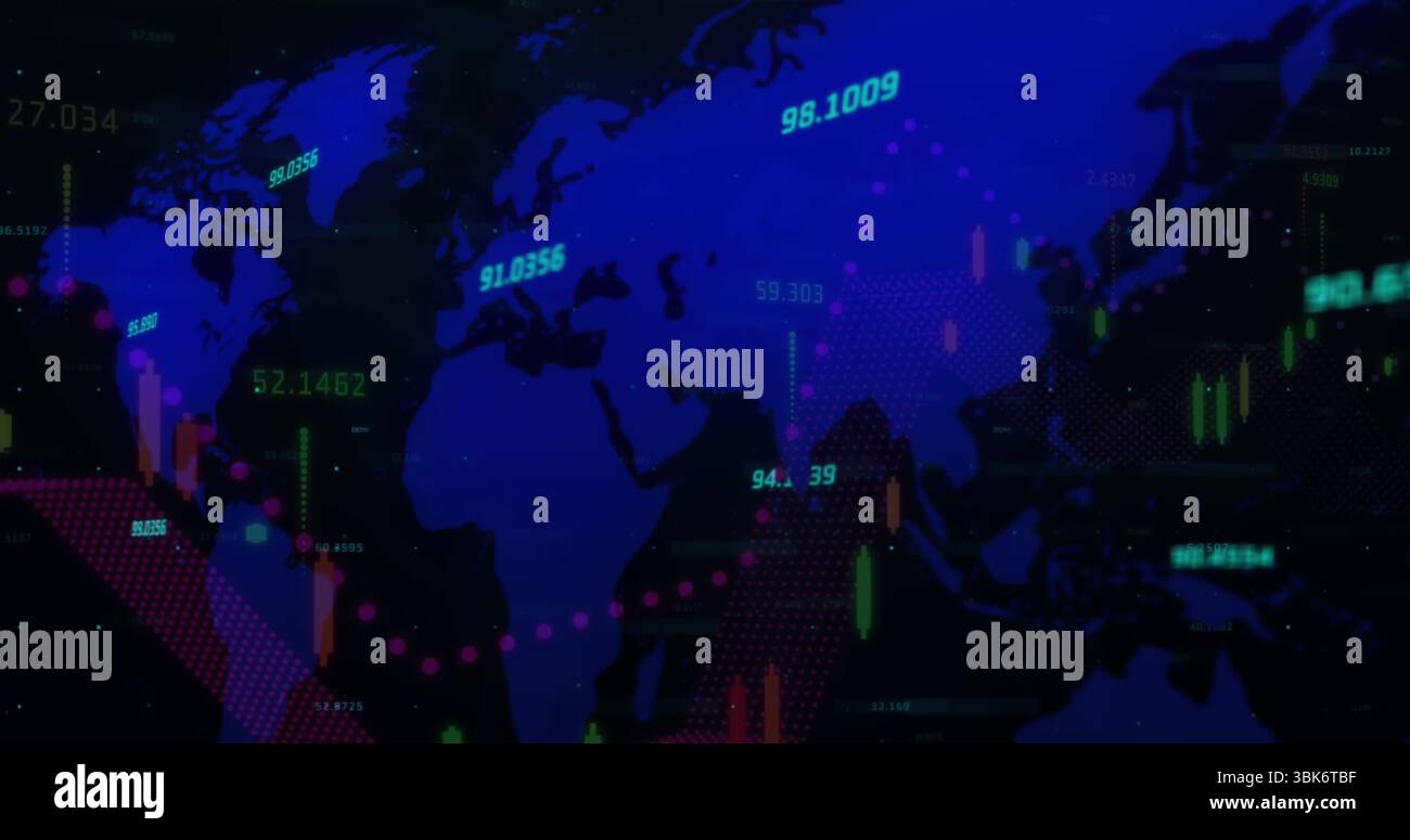 Displaying digital world map with numeric data labels on trading platform, with candlestick bars ...