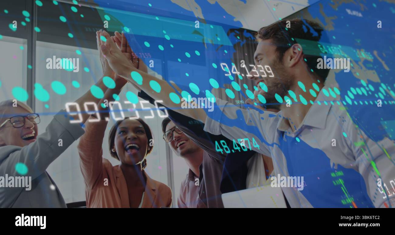 High-fiving professionals celebrating data success in modern office ...