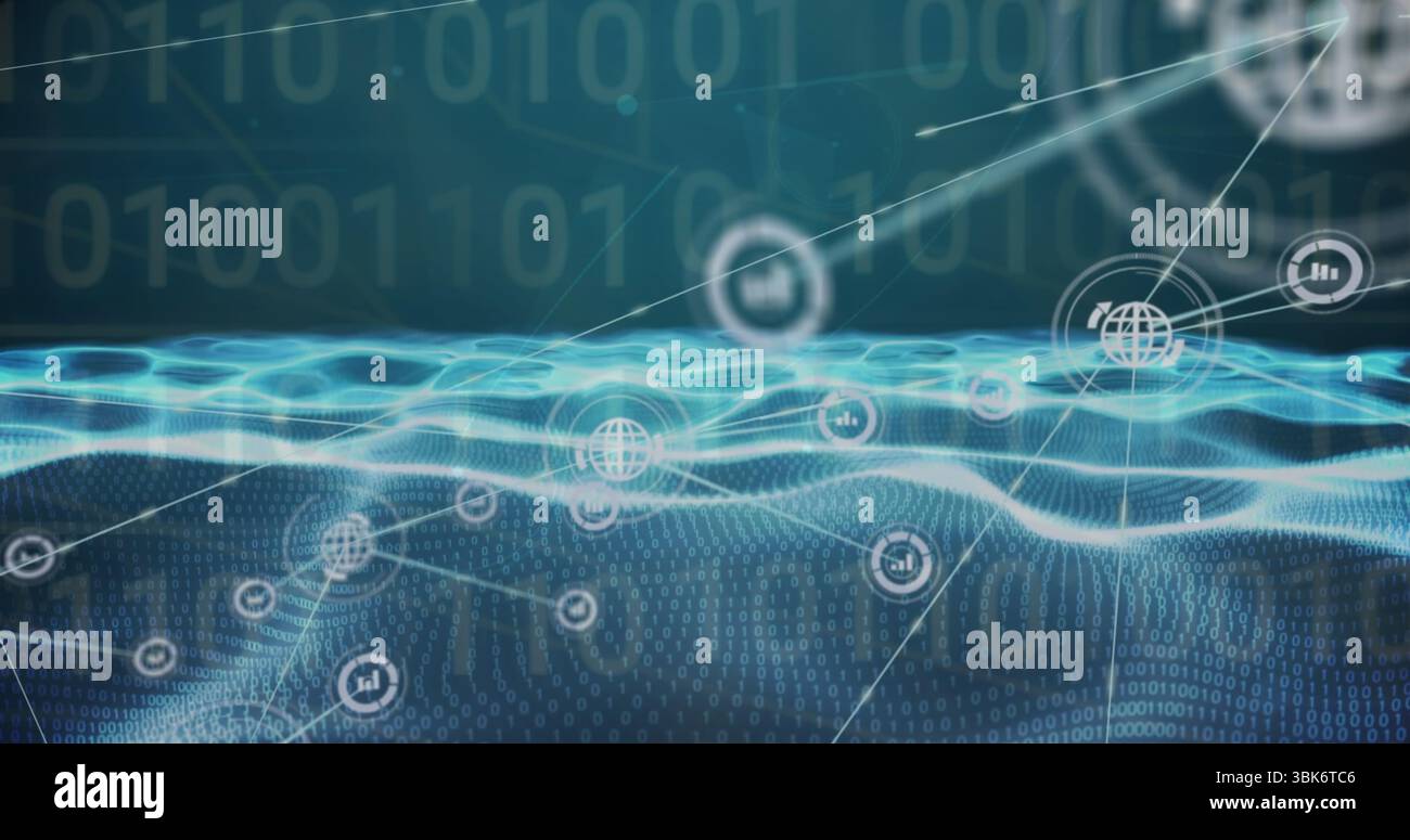 Displaying blue grid streaming in virtual data space, with binary digits overlay, globe chart ...
