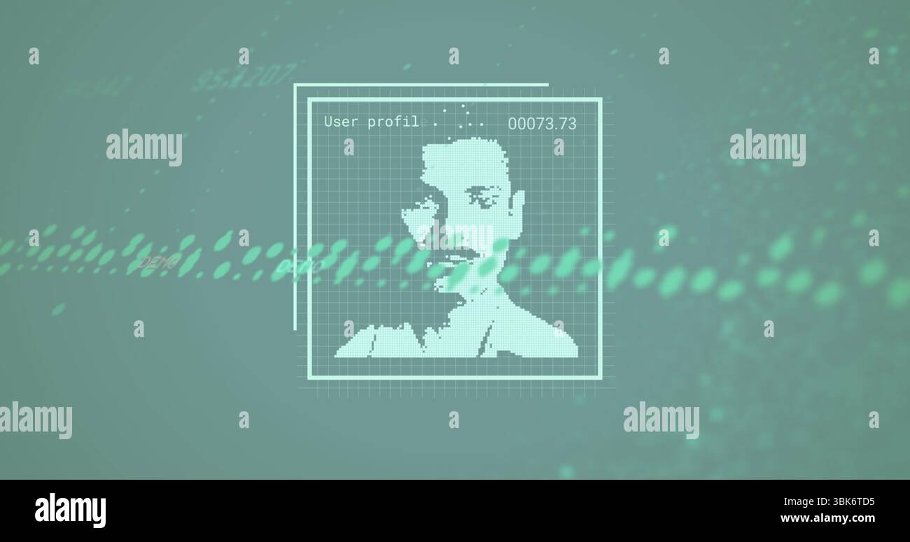 Displaying pixelated user profil avatar on teal interface with grid ...