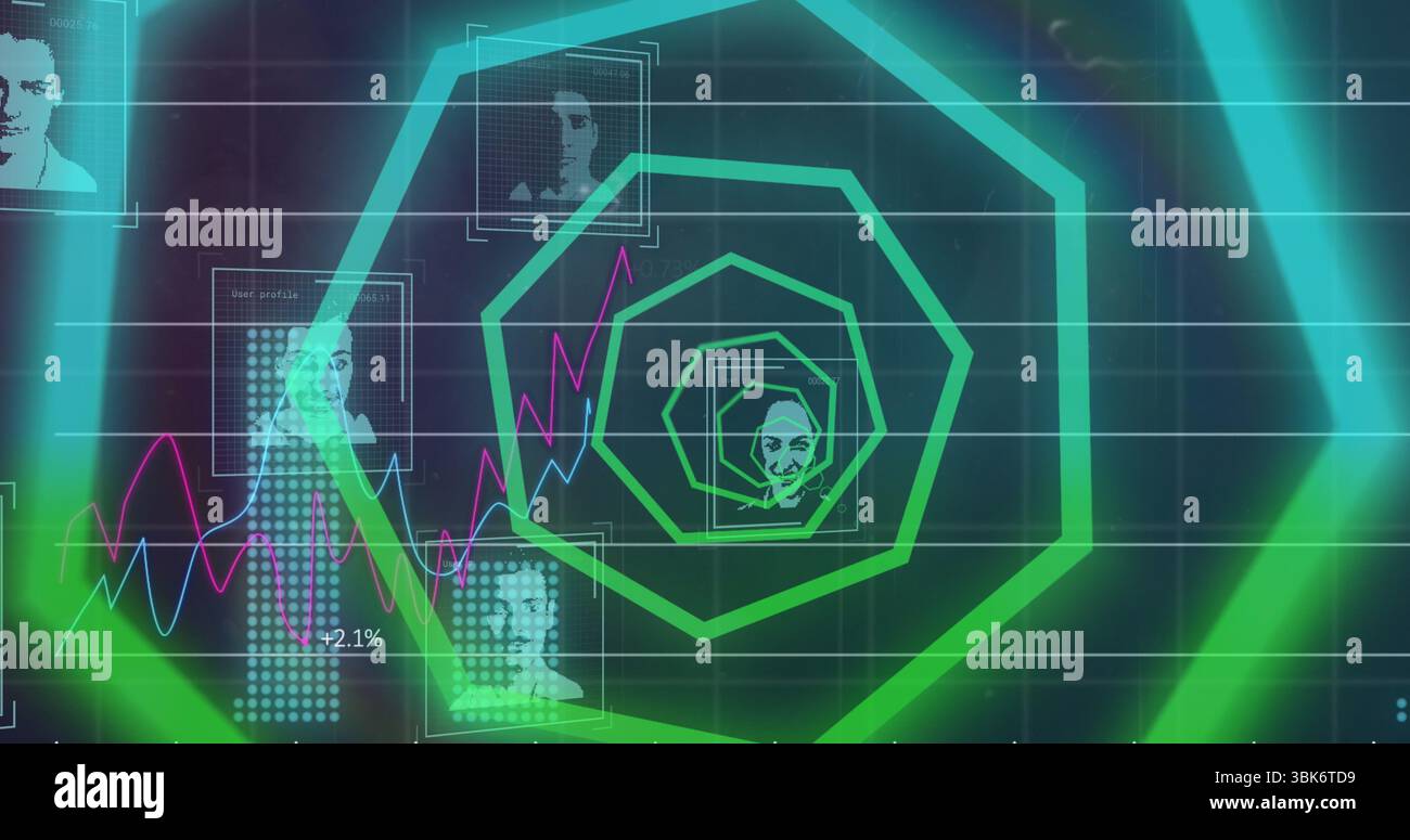Displaying neon-green hexagonal shapes receding on control-room monitor ...