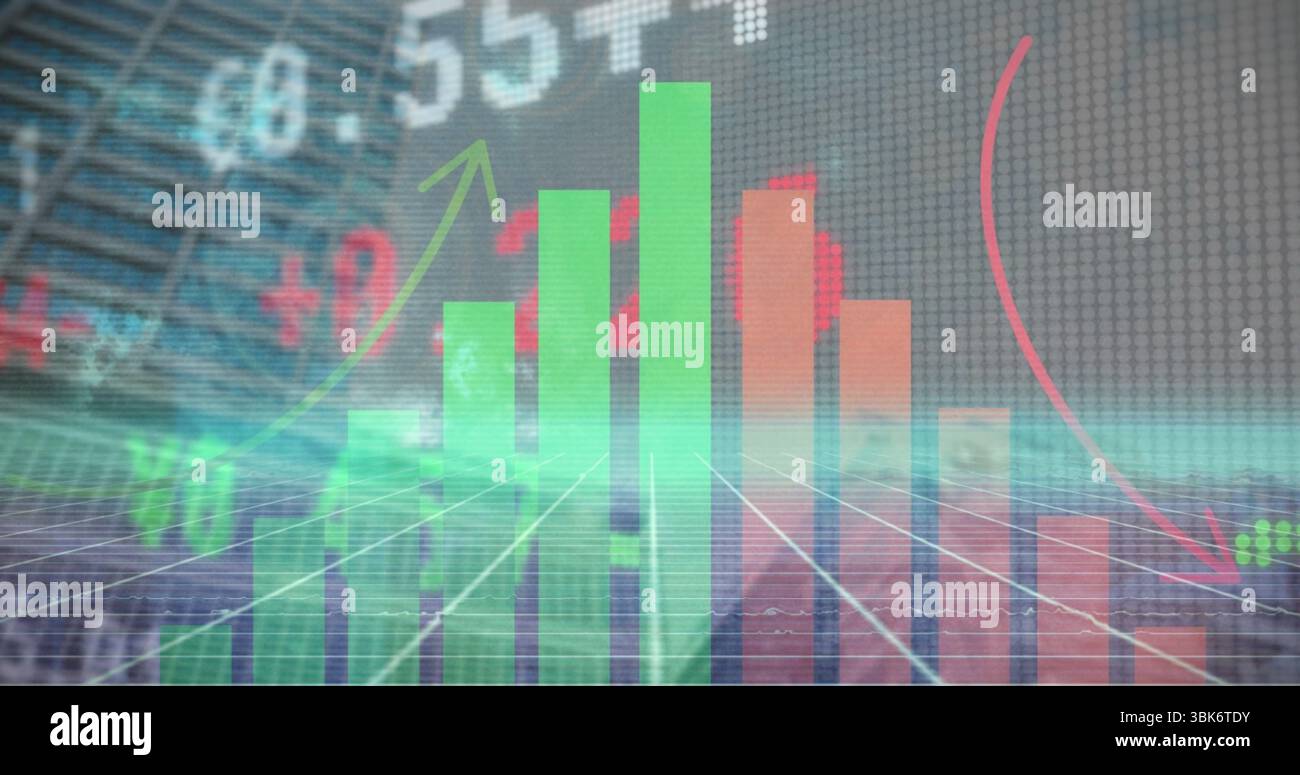 Floating bar chart over grid in atrium, with green red bars, numeric ...