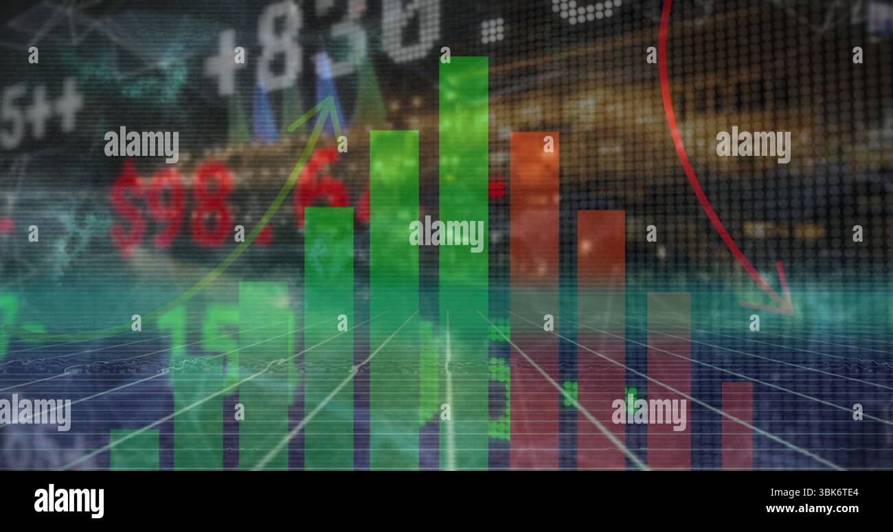 Presenting translucent 3D bar chart in trading dashboard, with trend arrows and floating data ...