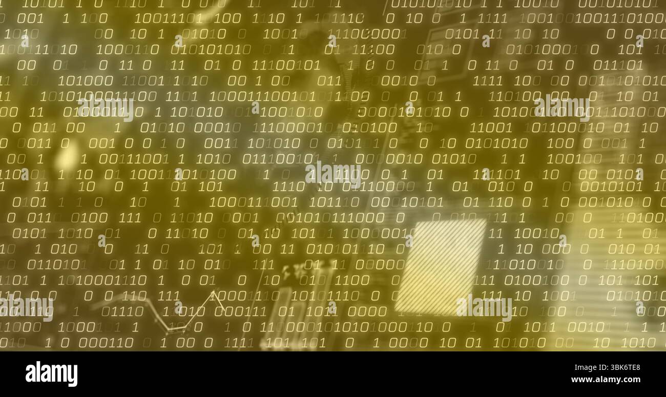 Displaying binary code pattern covering blurred office desk, with ...