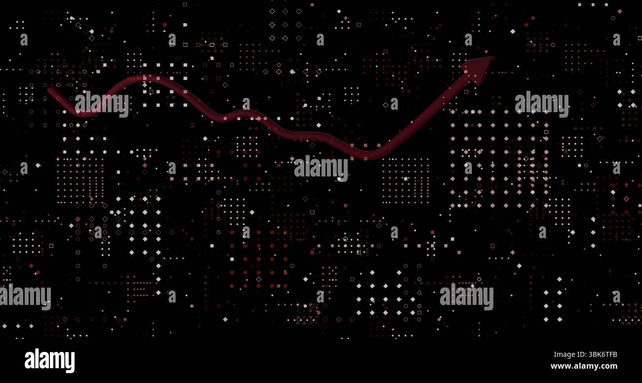 Rising maroon-red wavy arrow line traversing abstract digital ...