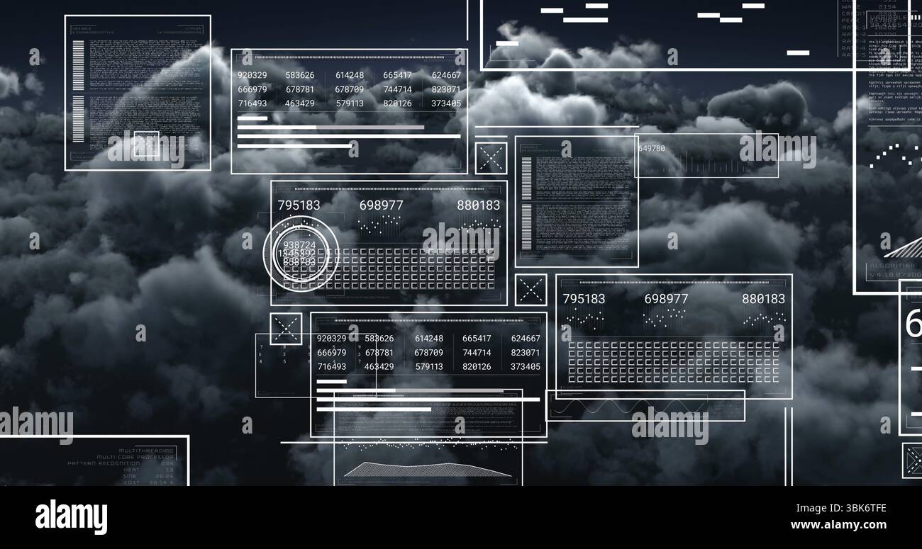 Projecting panels over dark clouds: wireframe UI, code blocks, keyboard ...
