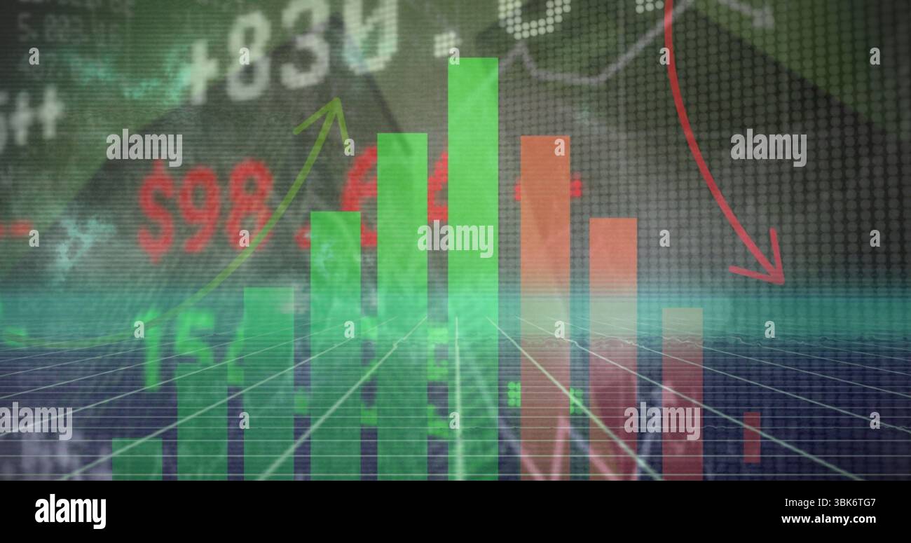 3D bar chart cluster rising then falling on grid plane, with dollar ...
