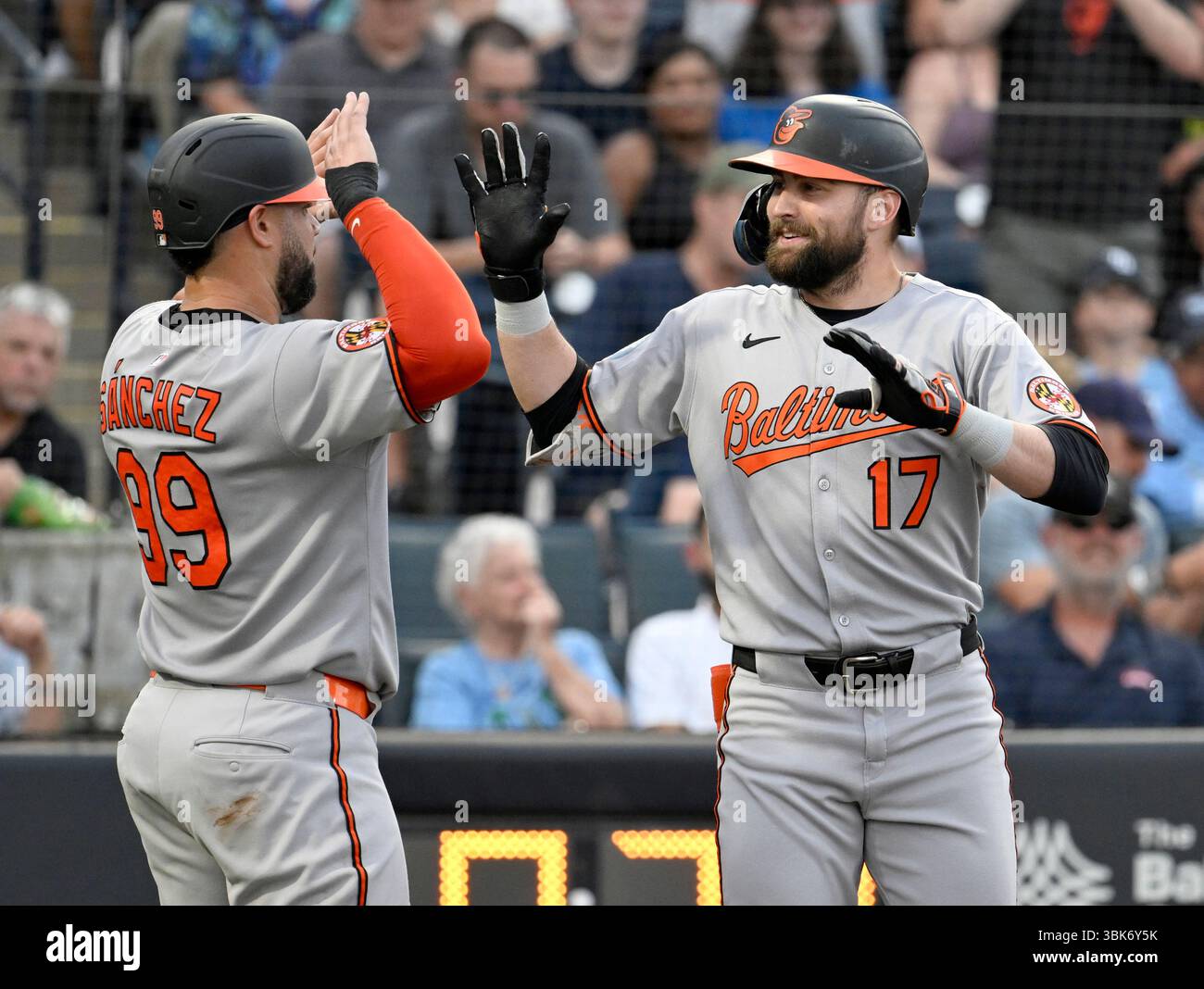 Baltimore Orioles' Gary Sánchez (99) and Colton Cowser (17) celebrate ...