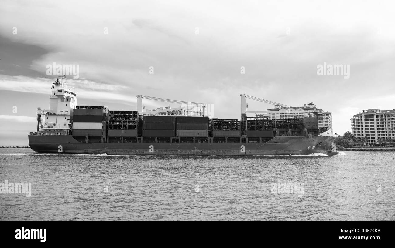 Cargo barge loaded containers Black and White Stock Photos & Images - Alamy