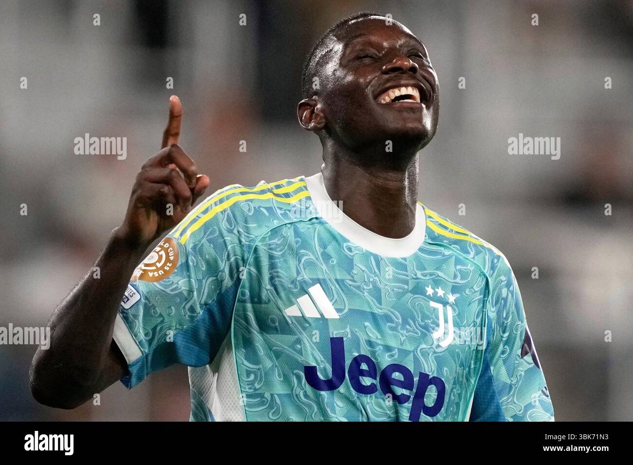 Juventus' Randal Kolo Muani reacts after scoring his side's fourth goal ...