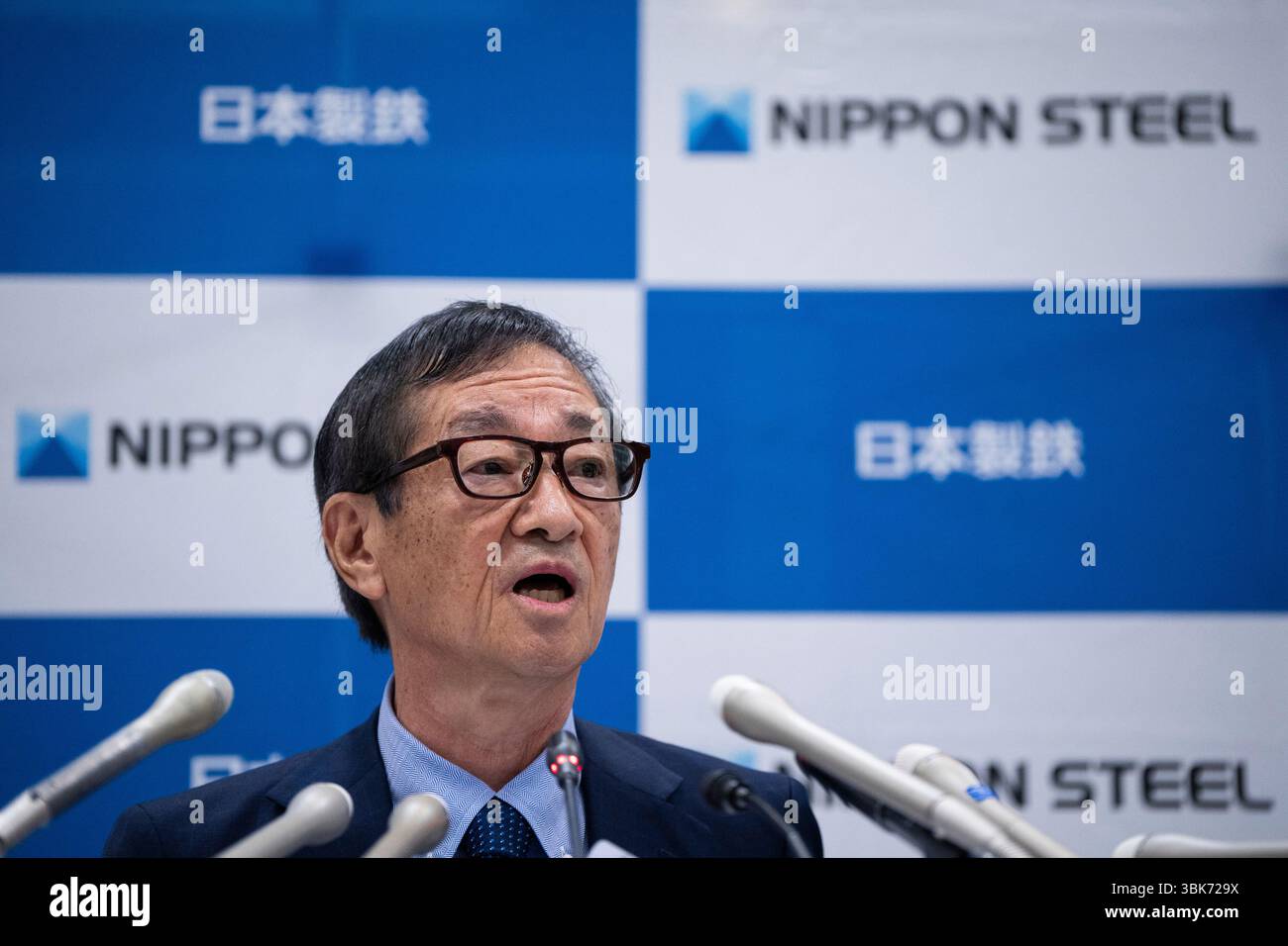 Nippon Steel Chairperson and CEO Eiji Hashimoto speaks during a press ...