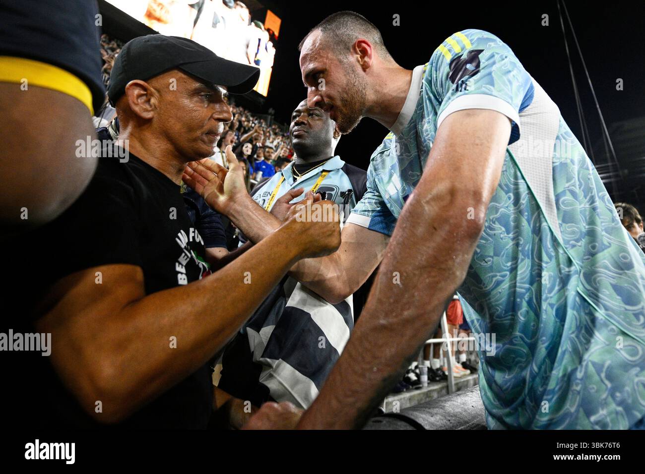 Juventus' Federico Gatti reacts with a spectator after the Club World Cup group G soccer match ...