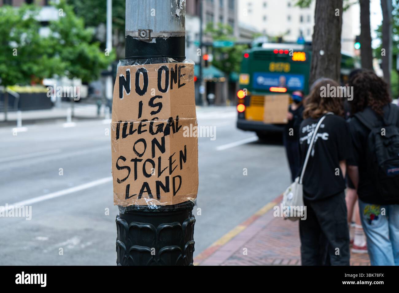 Seattle, USA. 18th Jun 2025. Just after 6:00pm around 150 protestors ...