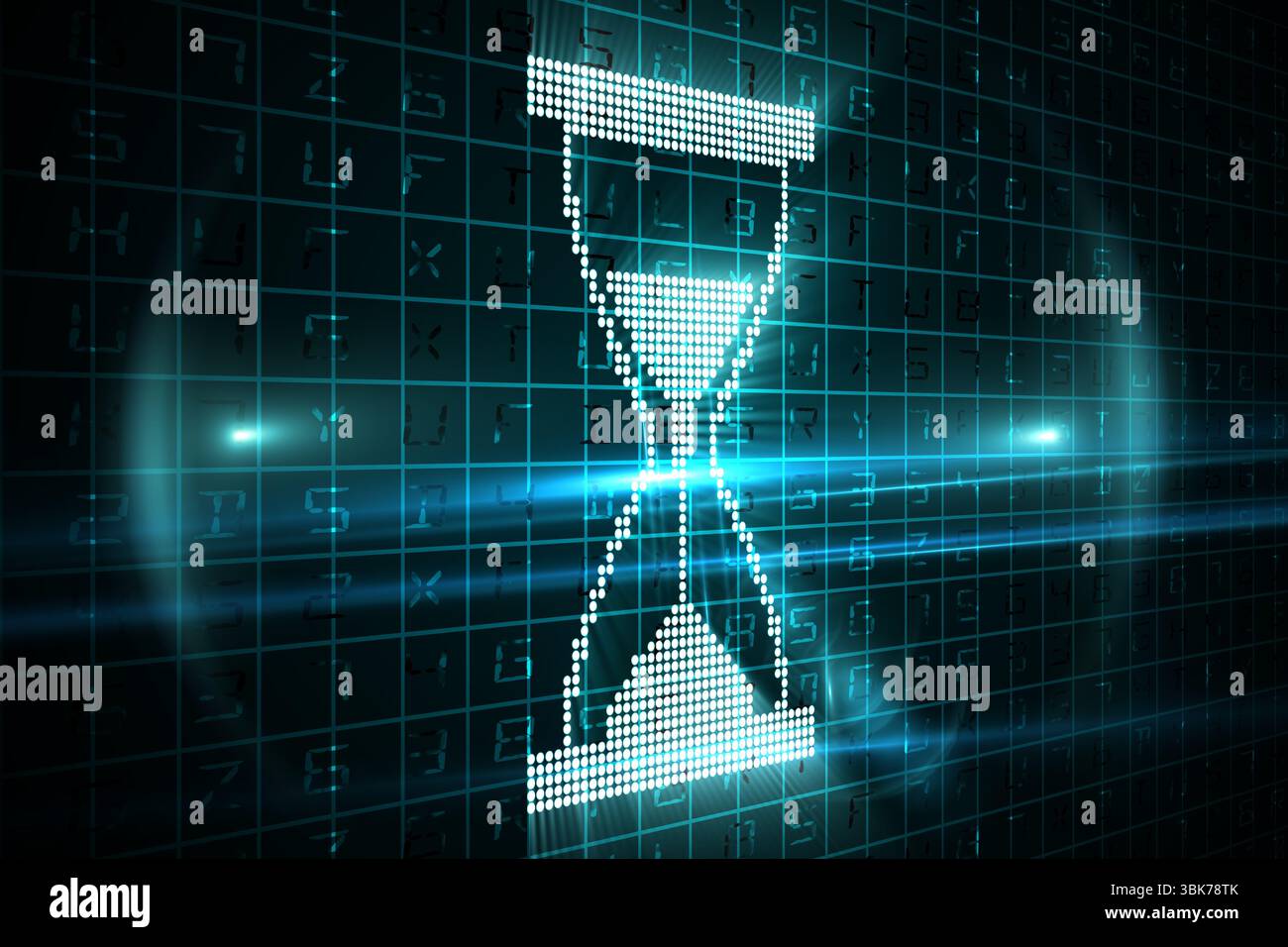 Pixelated hourglass icon is glowing in digital-themed cyber grid, with code and light streaks ...