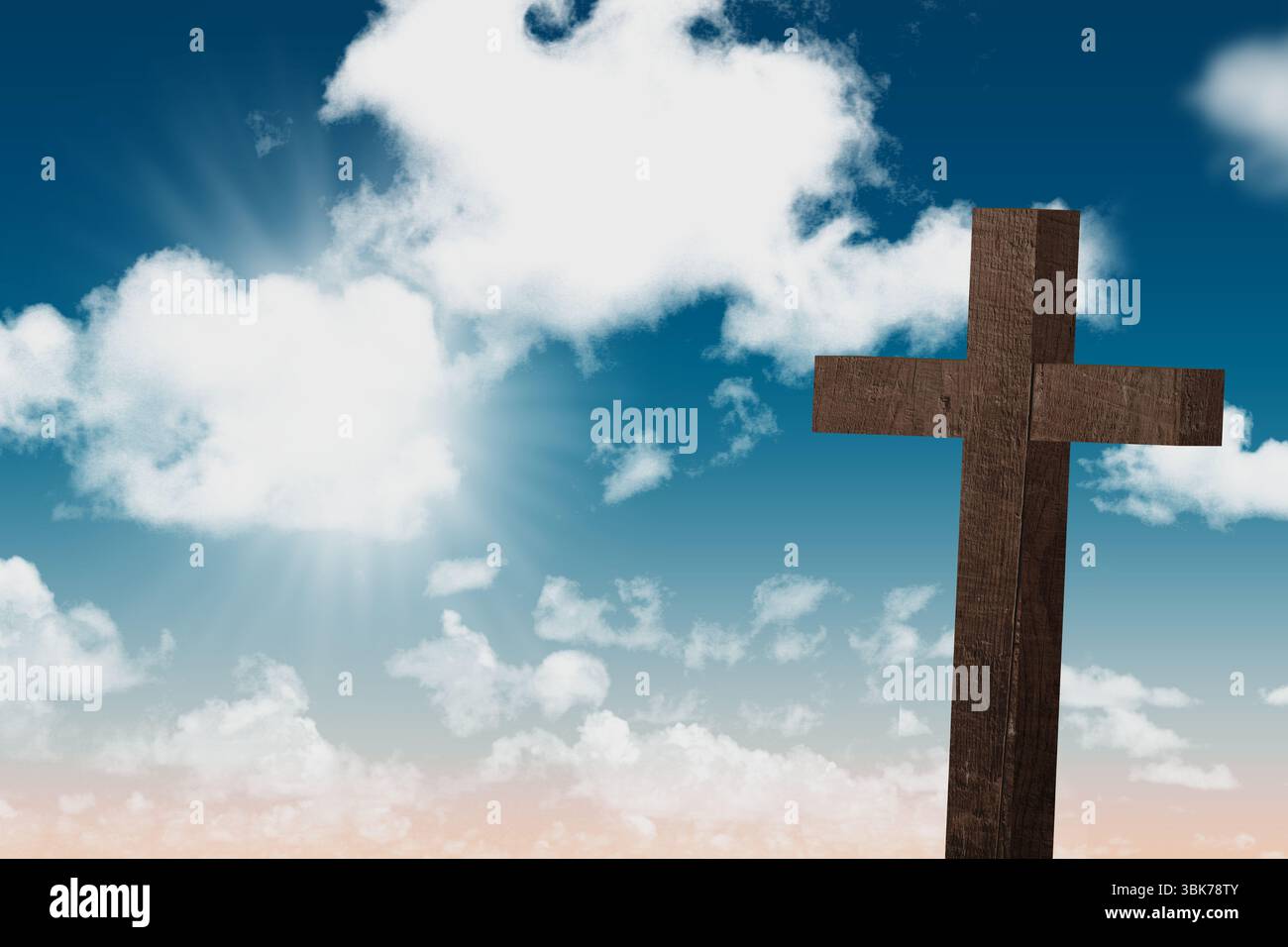 wooden cross is standing upright in flat design with blue sky, clouds ...