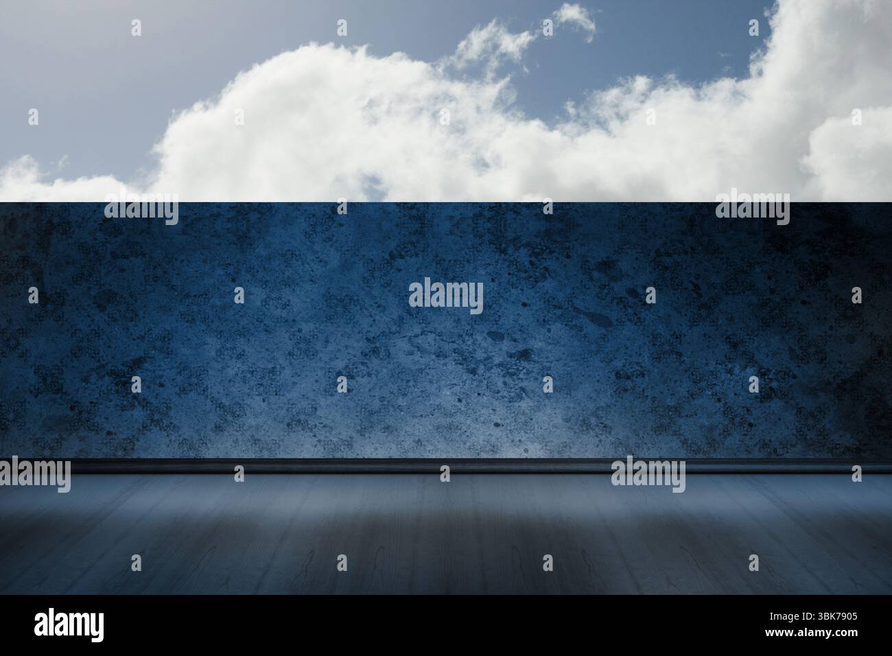 Flat design scene is showcasing wooden floor, blue textured wall panel ...