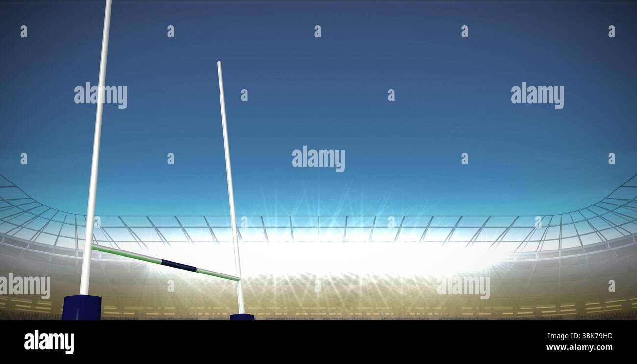 Flat design rugby goal posts being lit by floodlights, seats under ...