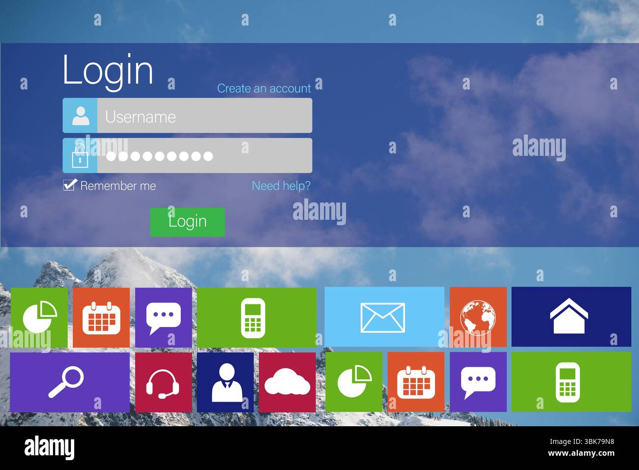 Digitally generated image of login page with various icons Stock Photo ...
