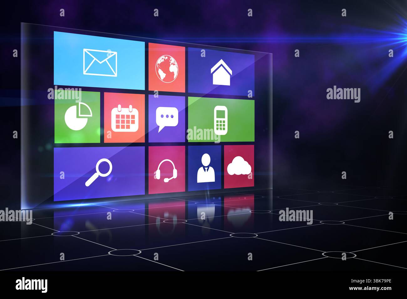 3D render is showing translucent glass panel floating above grid in ...