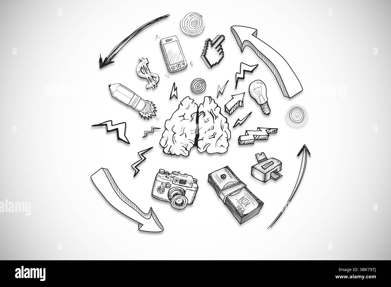 Monochrome brain sketch is being shown on plain white surface, with ...