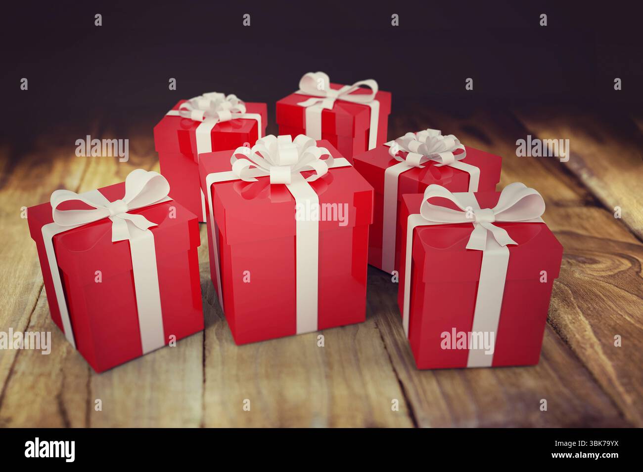 Flat design illustration is showing six red gift boxes with white ...