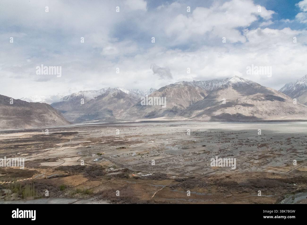 Panoramic view of Nubra Valley from Diskit Monastery, with sand dunes ...