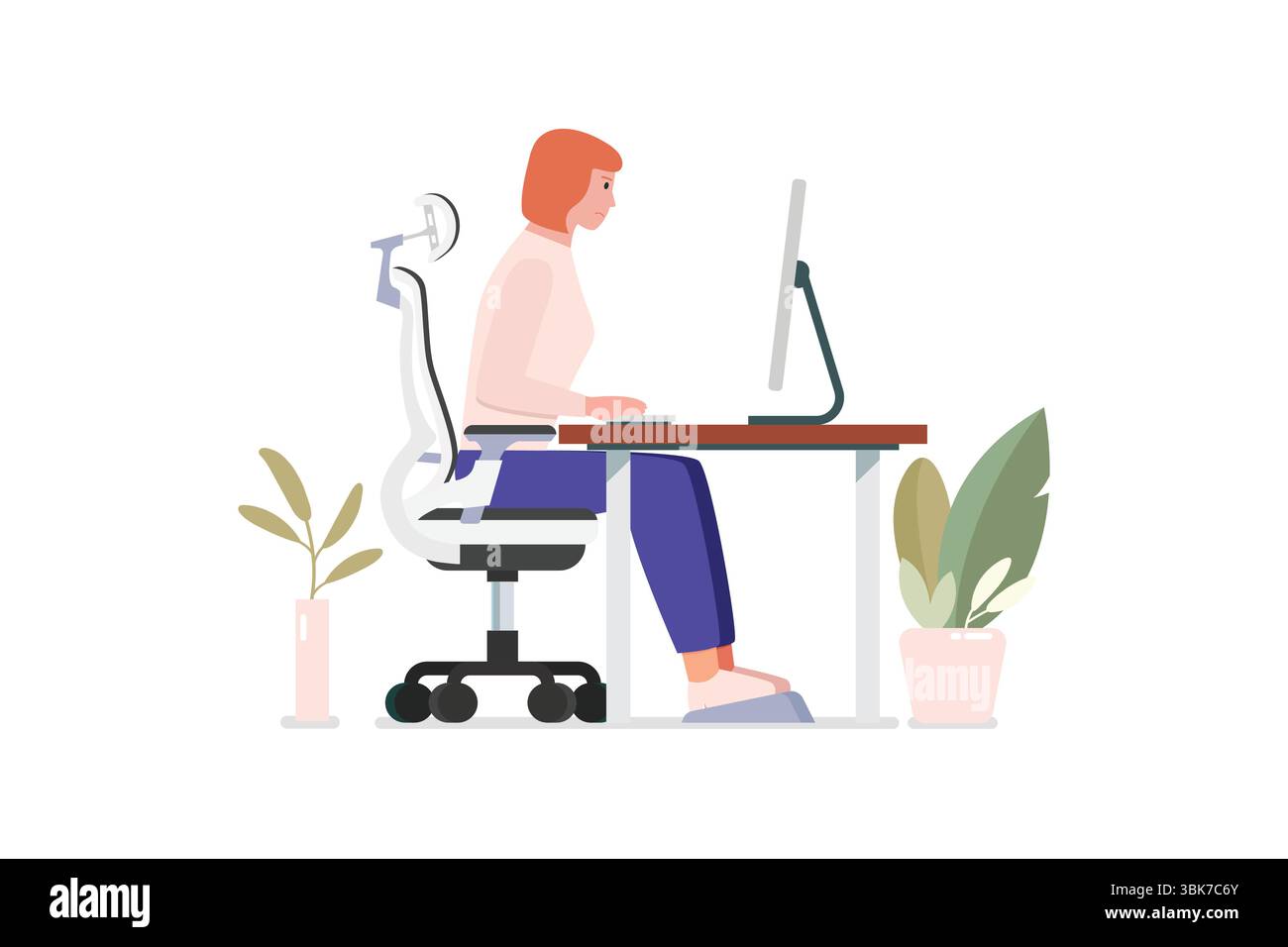 Incorrect posture for sitting at computer desk. Vector illustration ...