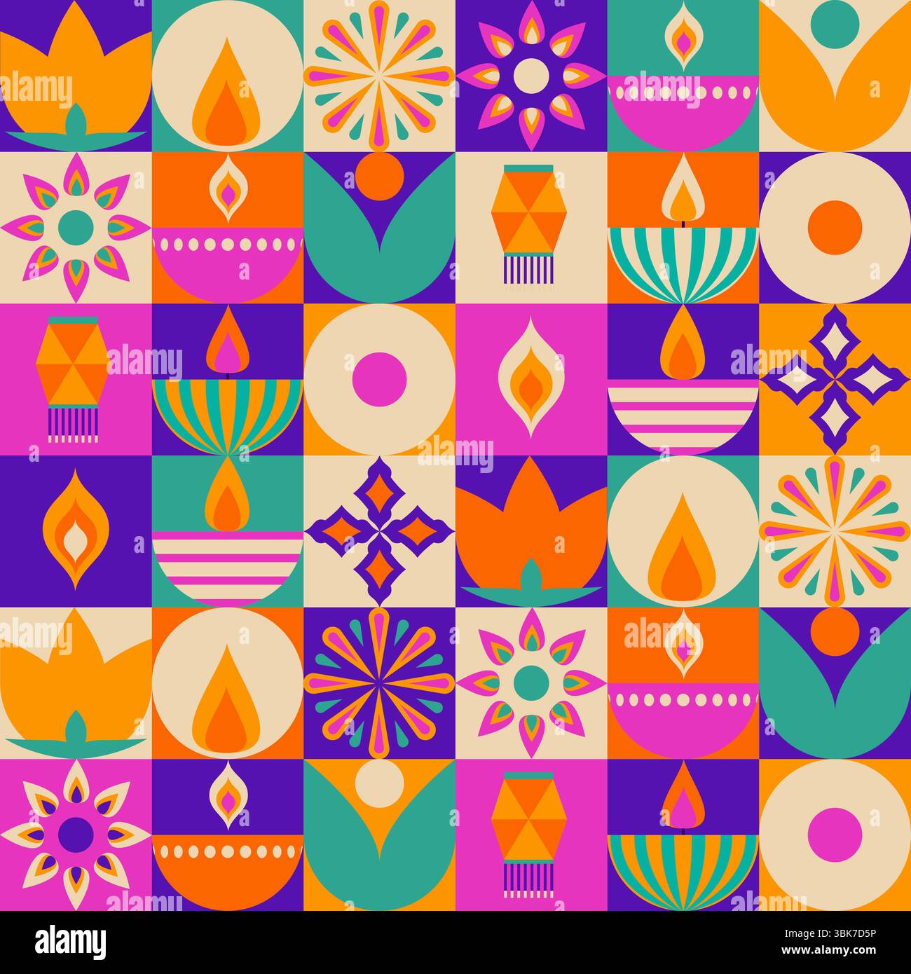 Colorful Diwali pattern with geometric tiles - vibrant lantern shapes ...