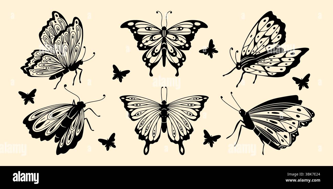 Black butterfly silhouettes collection with ornate wings, dots and ...