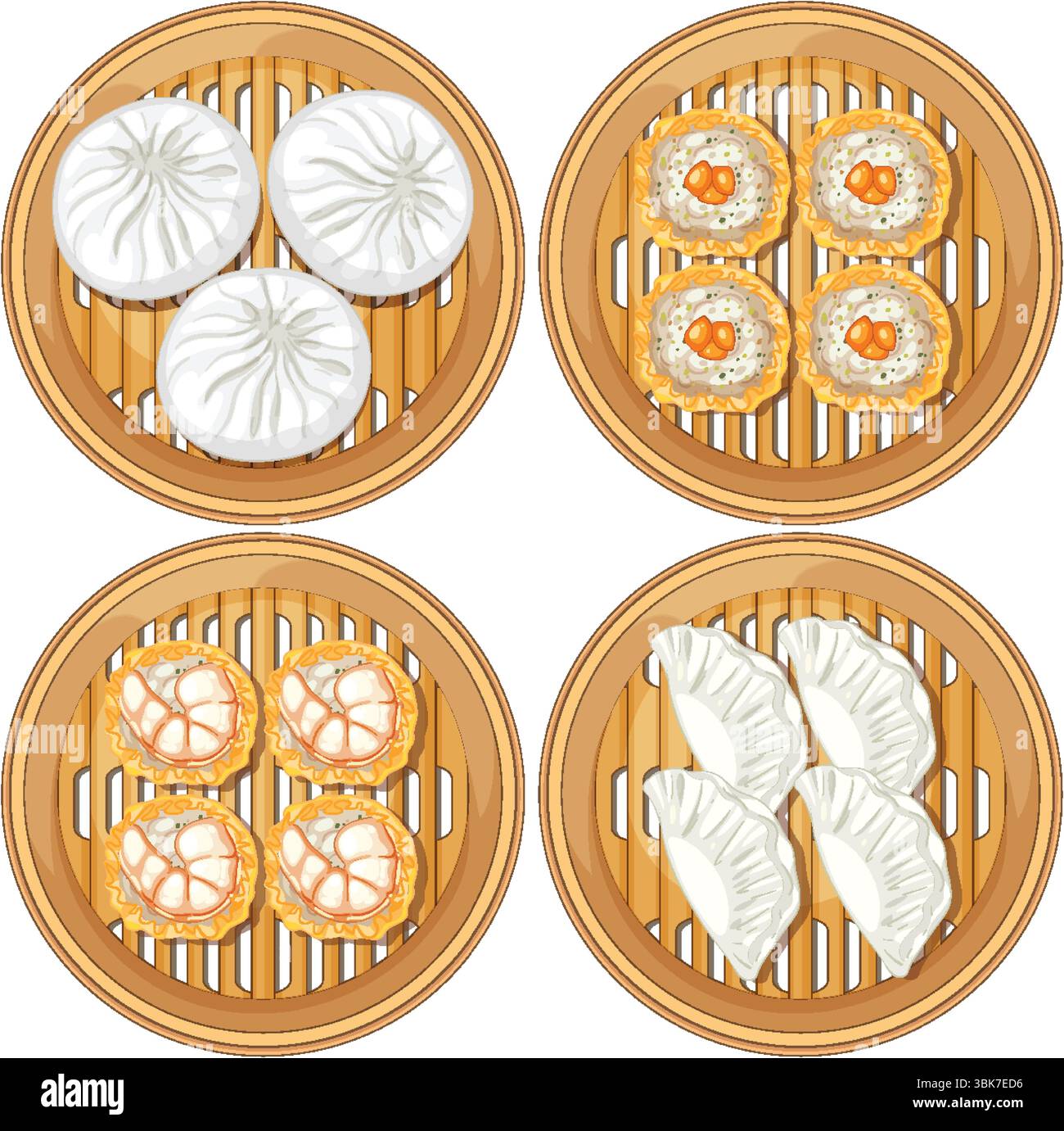 Vector illustration of assorted dim sum in bamboo steamers, showcasing ...