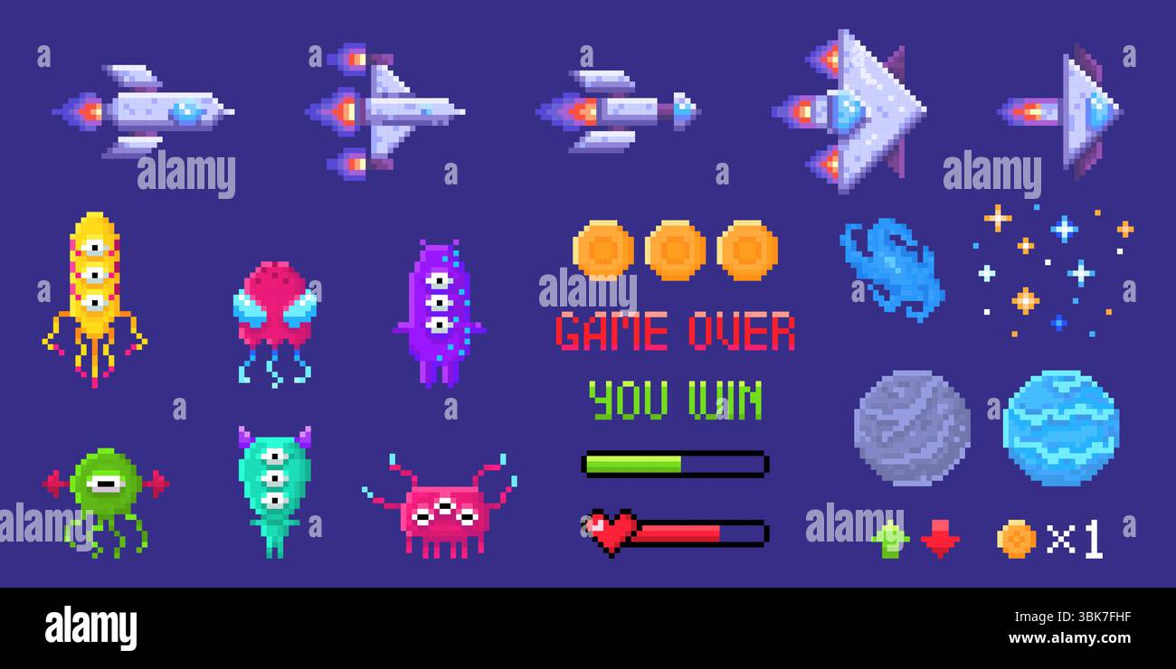 Retro pixel space invader game assets - 8 bit spaceships, alien ...