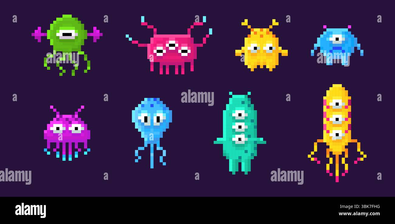 Colorful pixel art space invader aliens collection - retro 8 bit game ...
