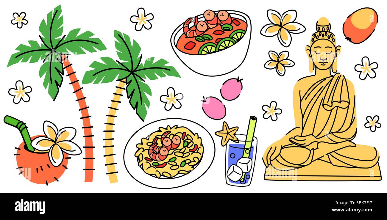Thai doodle collection with Buddha statue, palm trees, tropical flowers ...