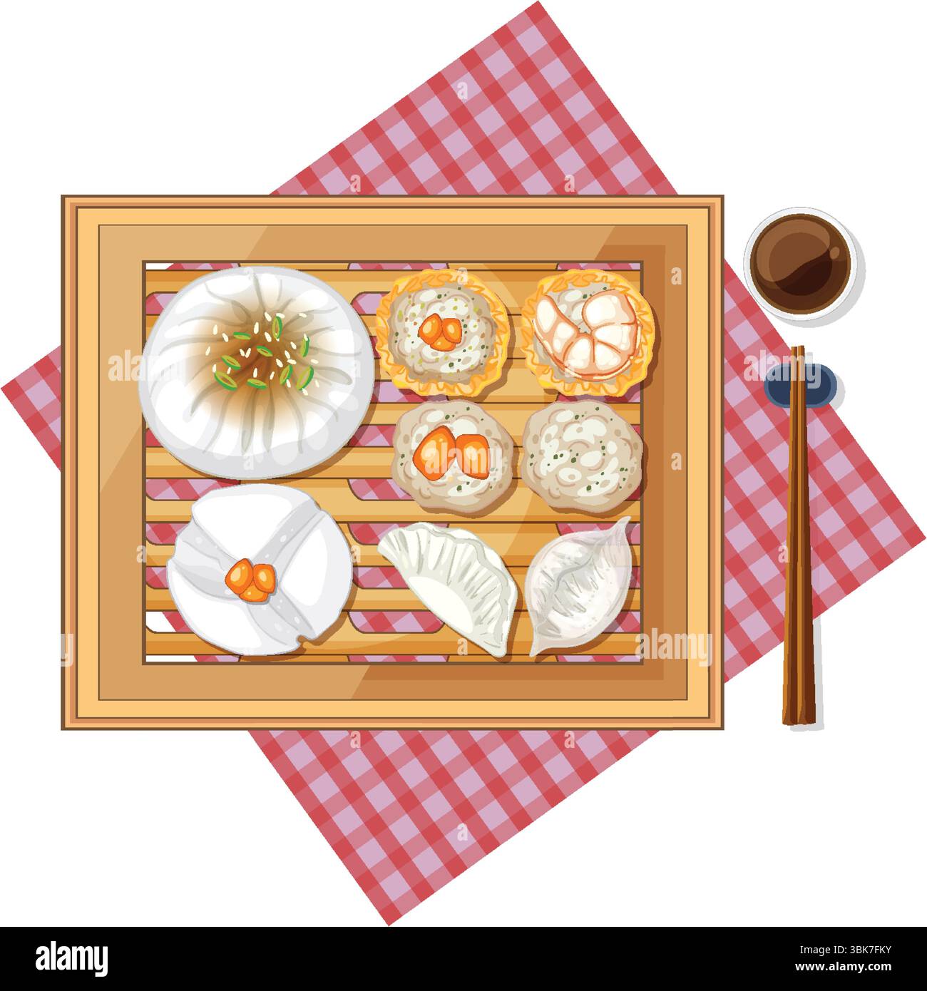 Vector illustration of assorted dim sum on a bamboo steamer with ...