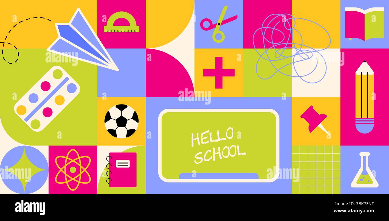 Colorful geometric back to school pattern - mosaic grid layout with ...