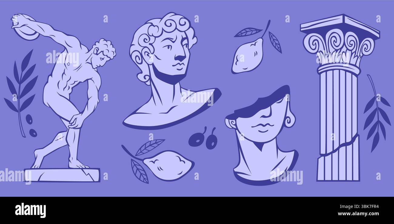 Ancient Greek doodle elements with athletic statue and bust, column ...