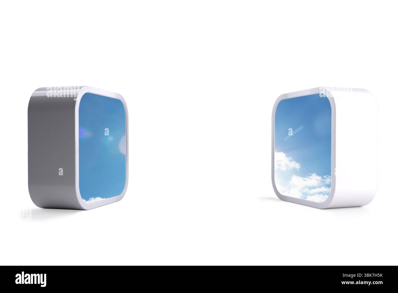 Cuboid display units are sitting on white surface in 3D render showing ...