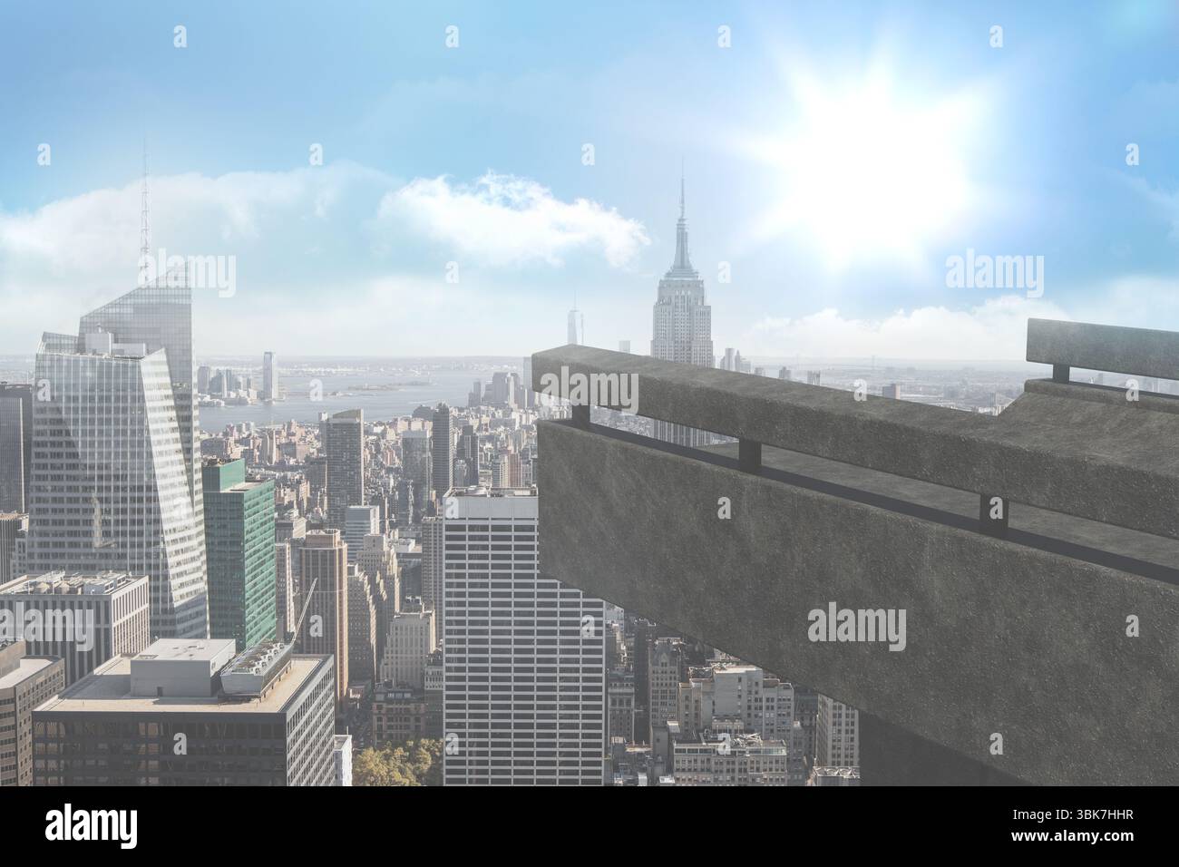 Concrete balcony parapet railing extending in flat design, showing city ...