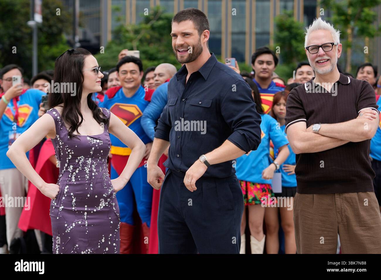 Superman stars David Corenswet, center, Rachel Brosnahan, left, and ...