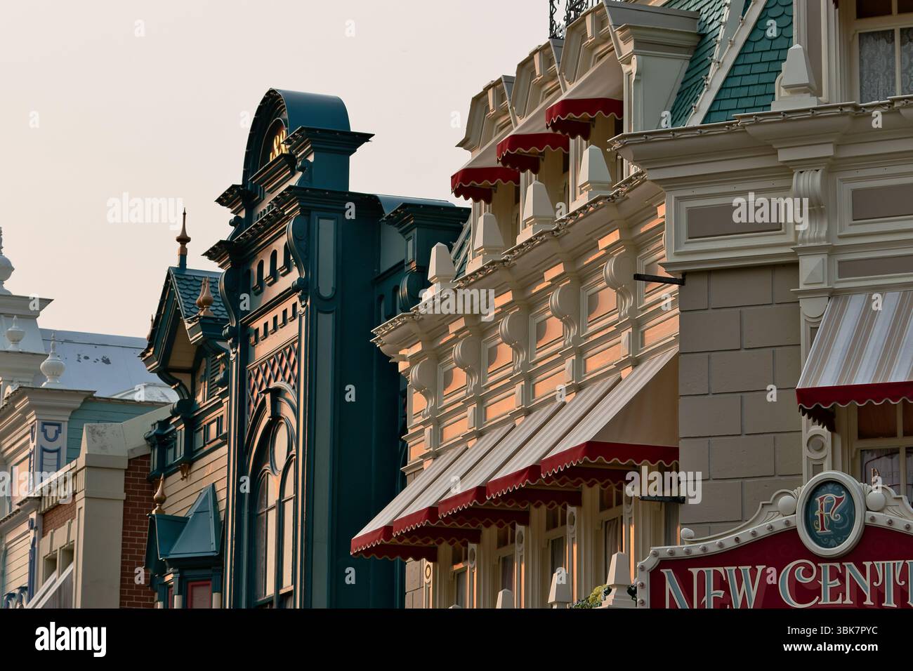 Close-up view of colorful buildings with ornate architectural details ...
