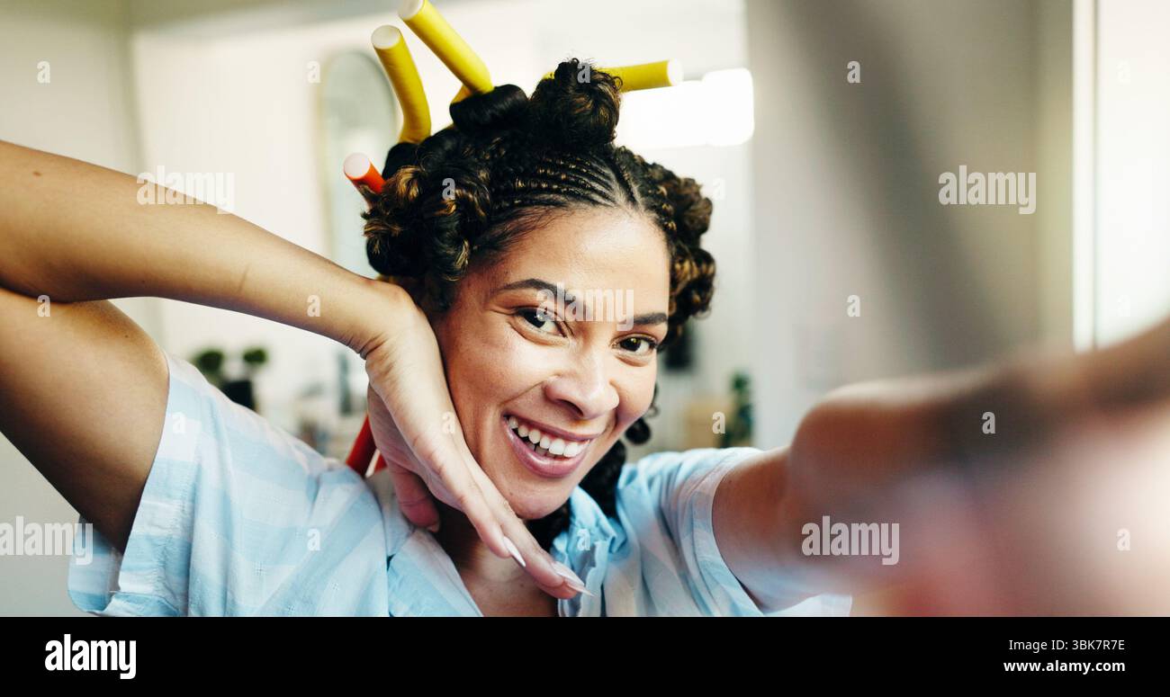 Beauty, girl or selfie with curlers in home for getting ready vlog ...