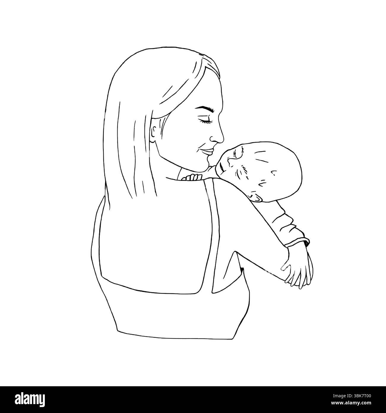 Baby is lying on mother's shoulder. Mother hugs sleeping child. Graphic ...